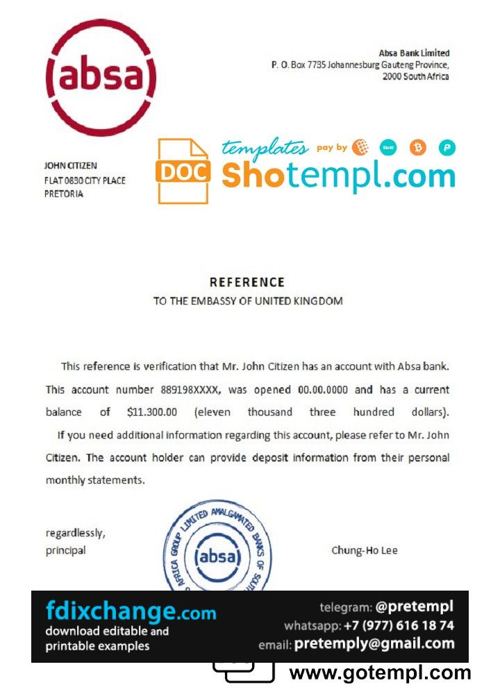 download South Africa ABSA bank account balance reference letter ...